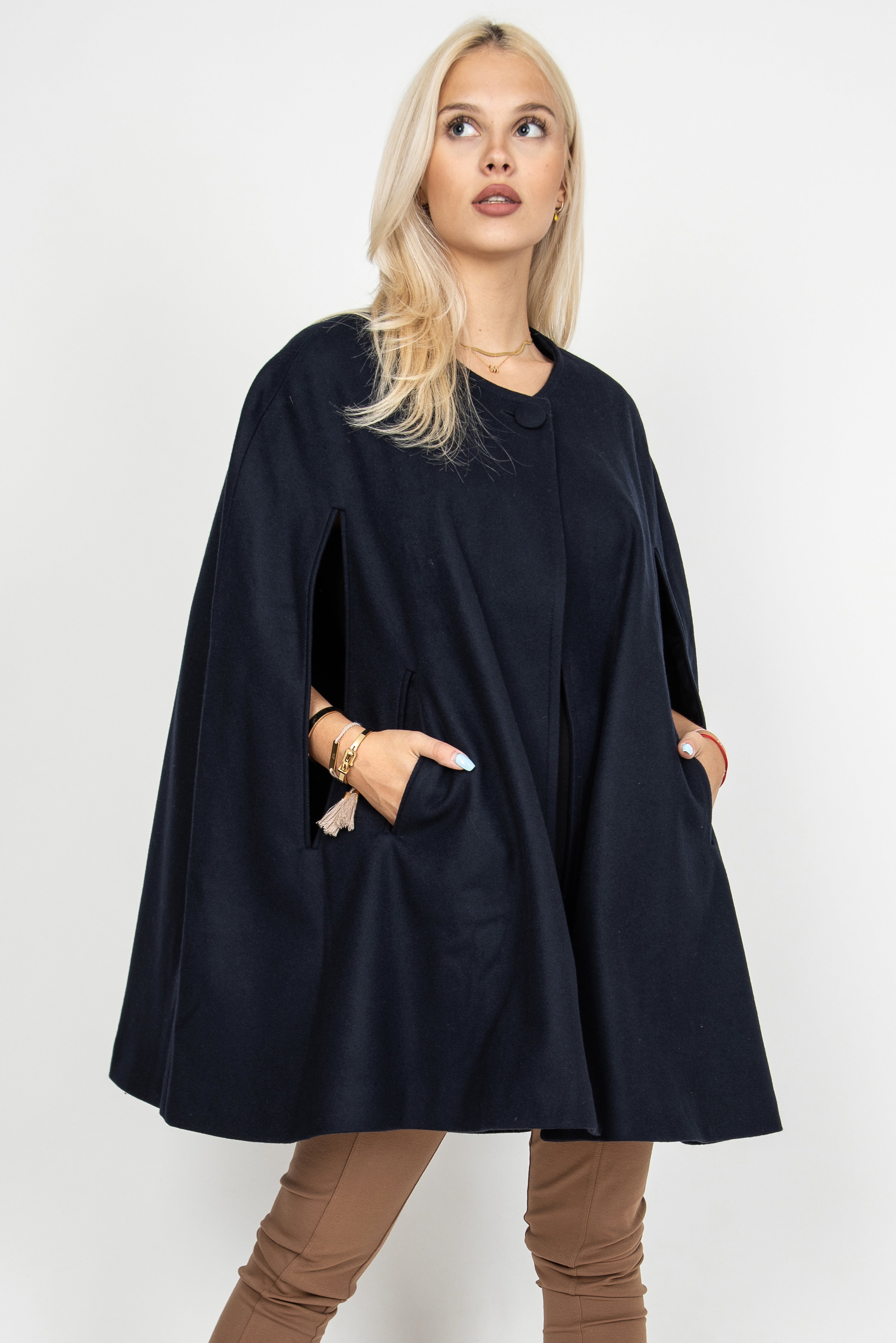 Dark blue winter cape coat FC2113 – FloAtelier Handmade